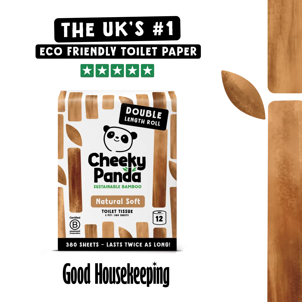 Double Roll Sustainable Natural Coloured Bamboo Toilet Paper (12 or 48 ...